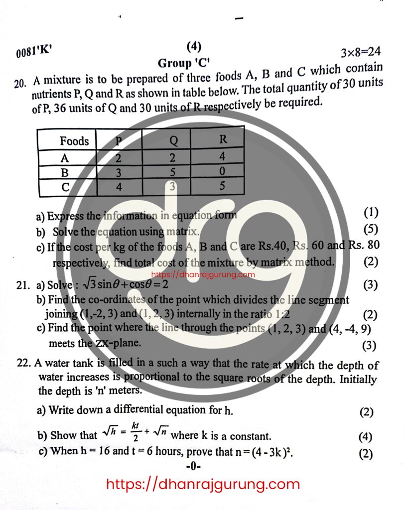 Math NEB Grade 12 Question Paper 2079-2022 Set2