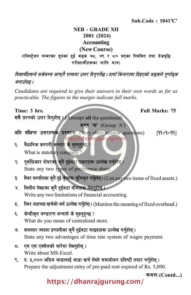 NEB Class 12 Accounting New Course Exam Paper 2081-2024